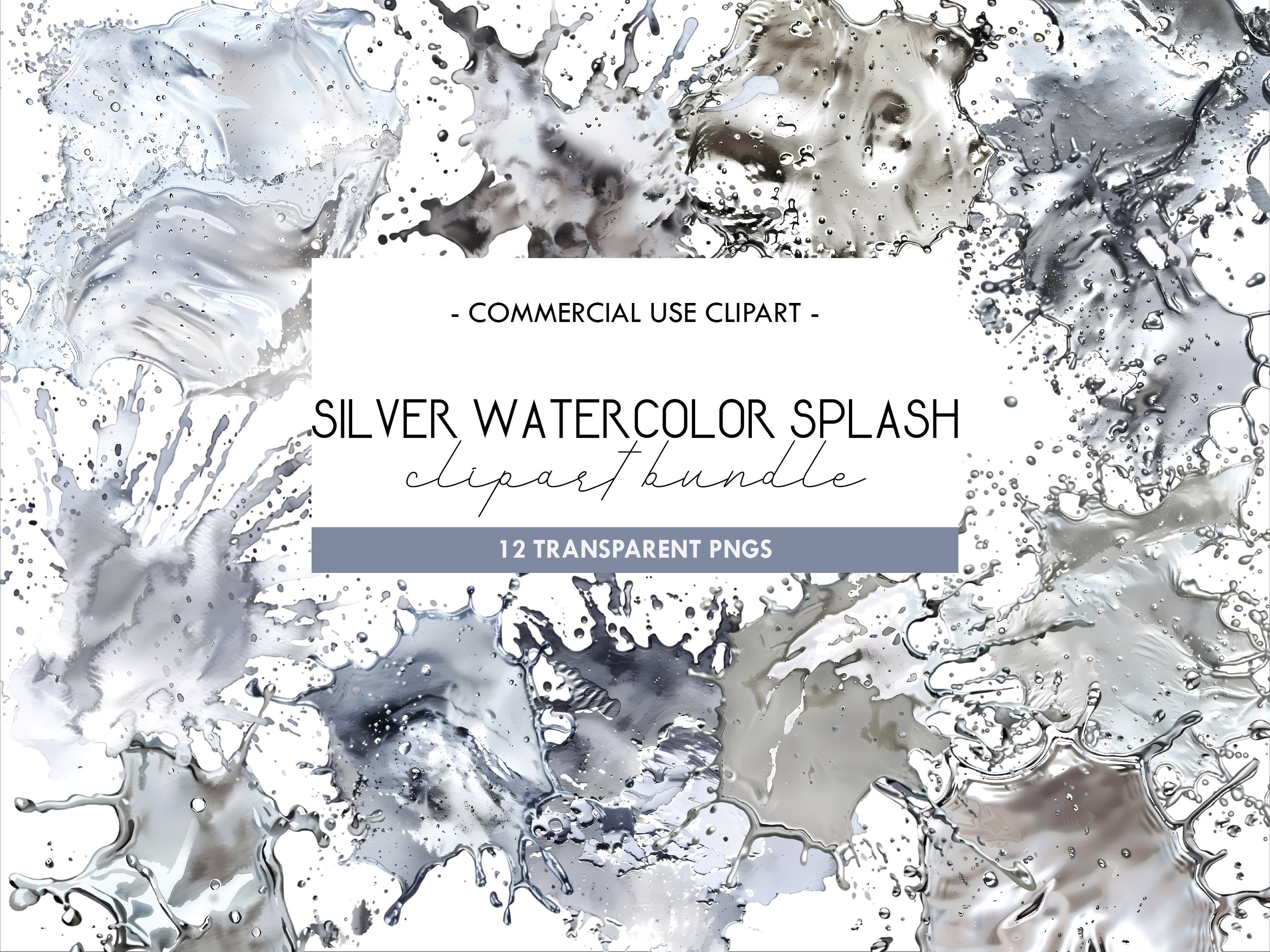 Silver Watercolor Splash Clipart, Metallic Paint Splatters, Metal Color ...