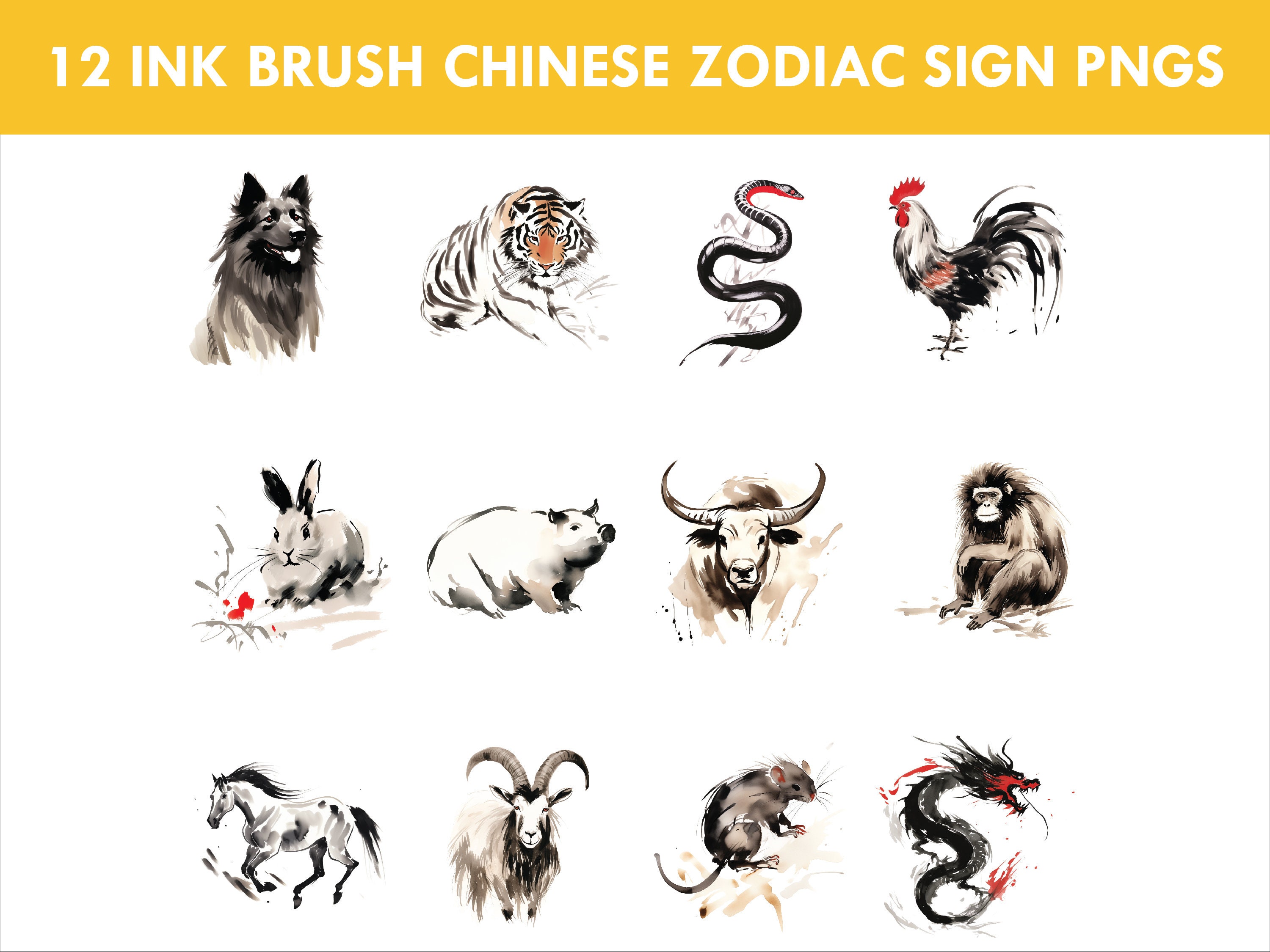 Ink Brush Chinese Zodiac Animals Clipart: Horoscope PNG (digital ...