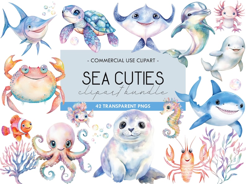 Watercolor Ocean Animals Clipart, Sea Cuties PNG Graphics (digital ...