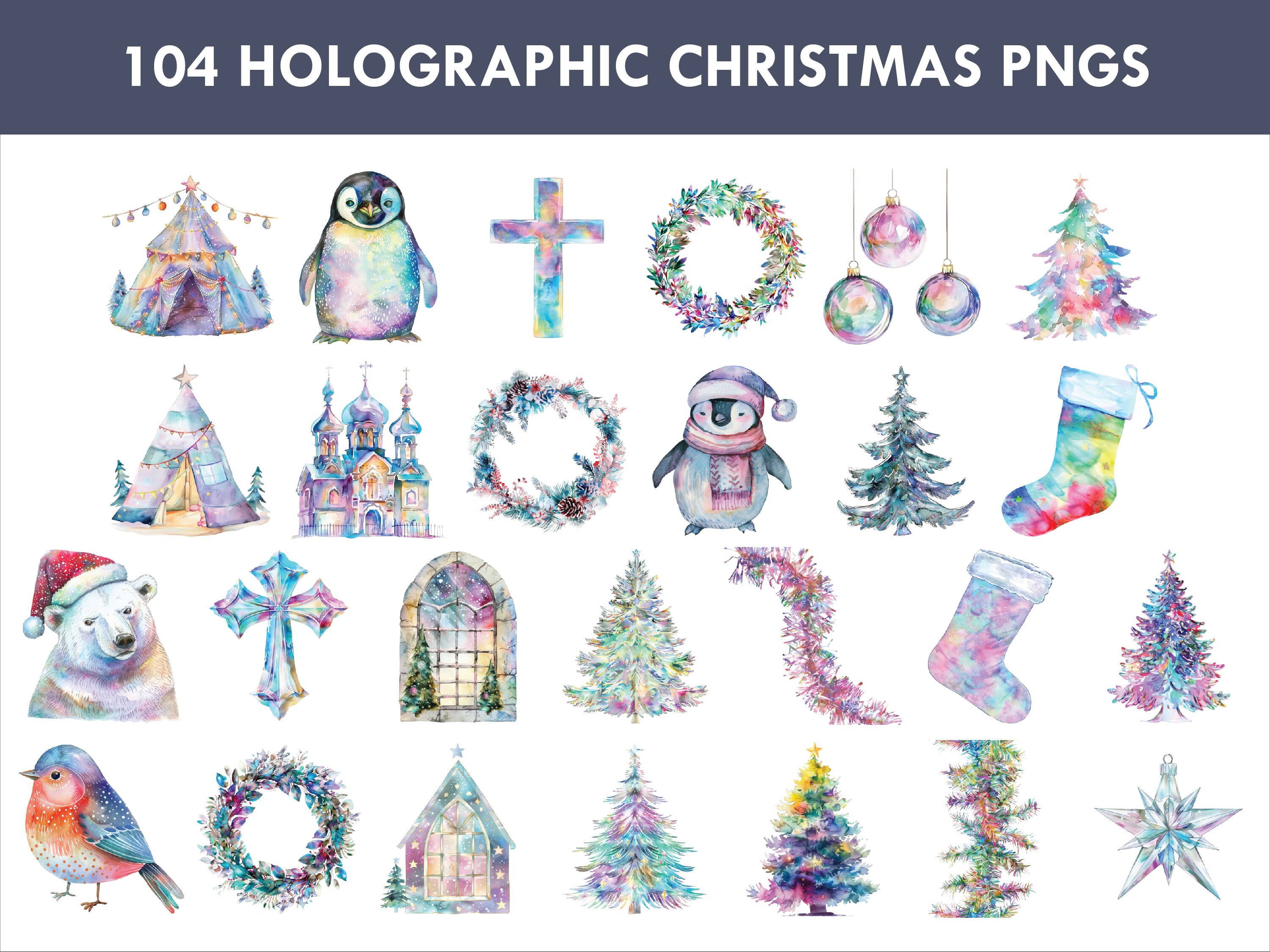 Holographic Christmas Clipart Bundle, Watercolor Christmas Clipart ...