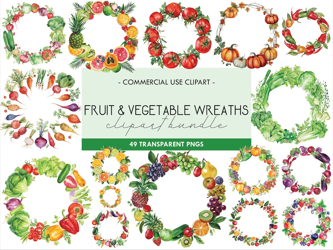 Watercolor Fruit Vegetable Wreath Clipart: Farmhouse PNG (digital ...