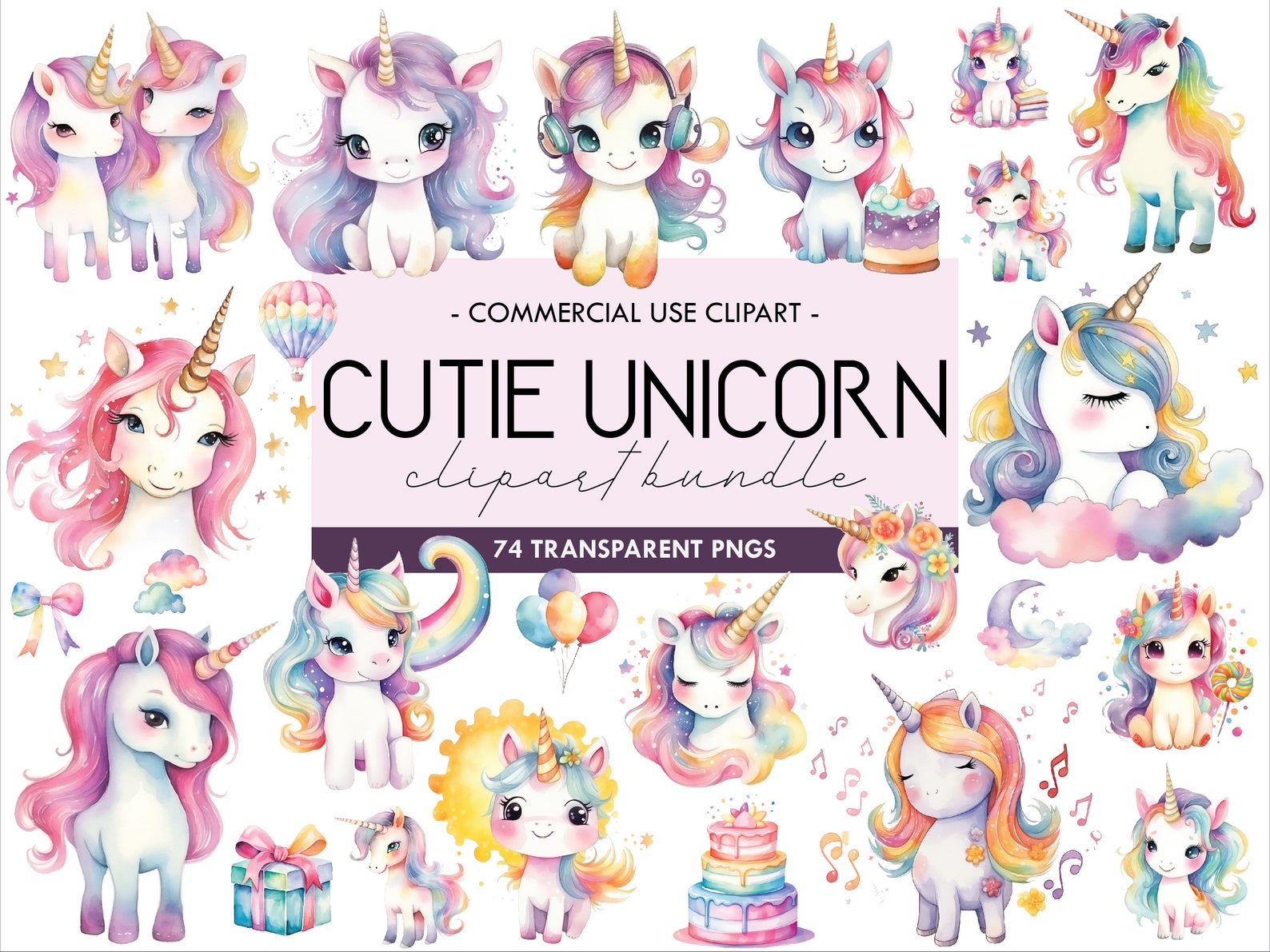 Unicorn Watercolor Clipart, Cute Baby Unicorn Illustration, Baby Shower ...