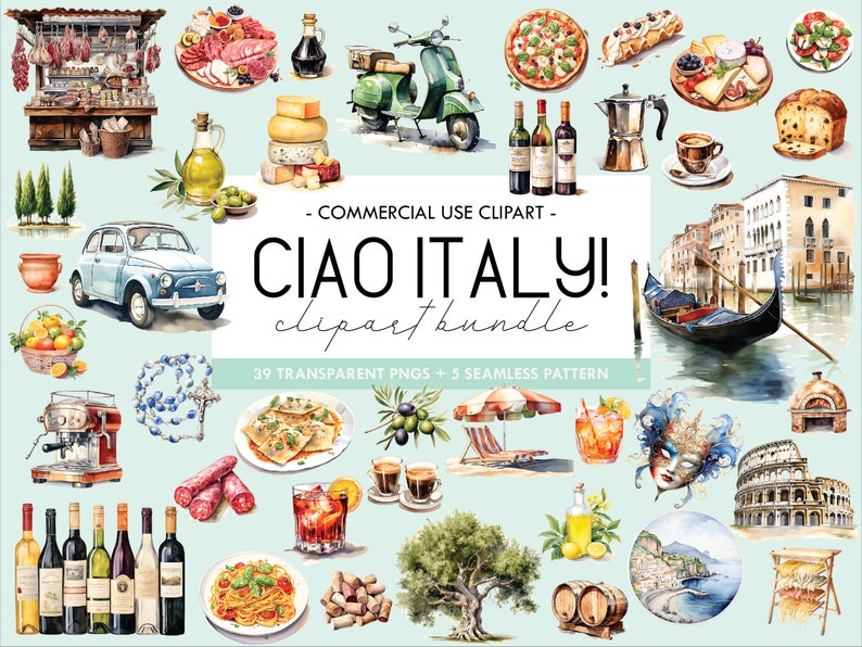 Italy Travel Watercolor Clipart Bundle: Transparent Pngs, Seamless ...