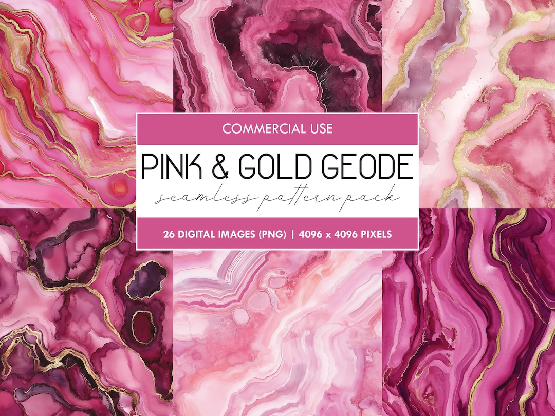 Watercolor Pink & Gold Geode Crystal Seamless Pattern, Agate Digital ...