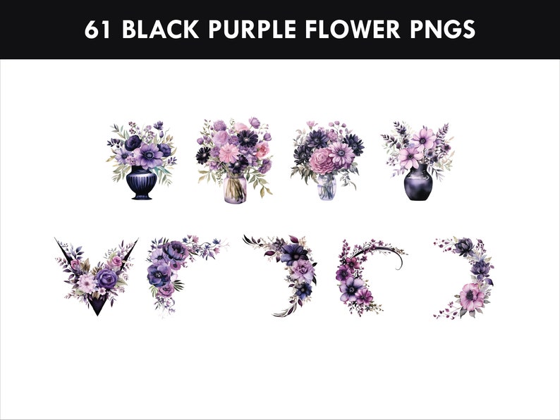 Watercolor Black & Purple Floral Clipart: PNG Flower Arrangements ...