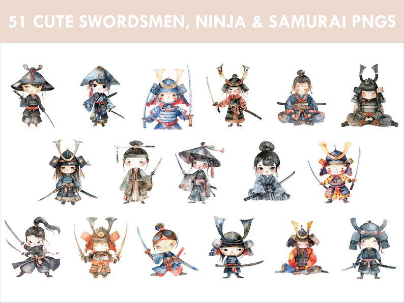 Swordsmen, Ninja & Samurai Watercolor Clipart, Cute Warrior ...