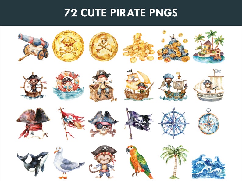 Cute Pirates Watercolor Clipart, Fairytale Adventure Illustration ...
