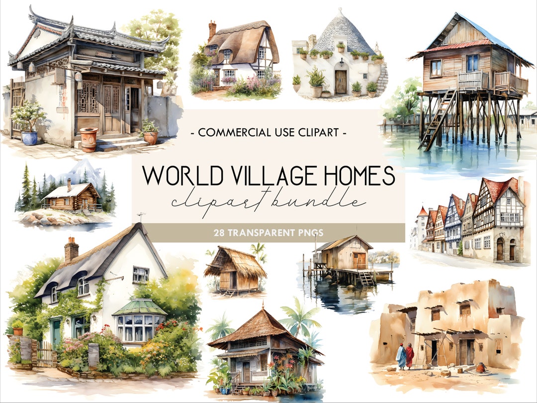 World Village Homes Clipart Bundle: Traditional Houses (PNG Digital ...