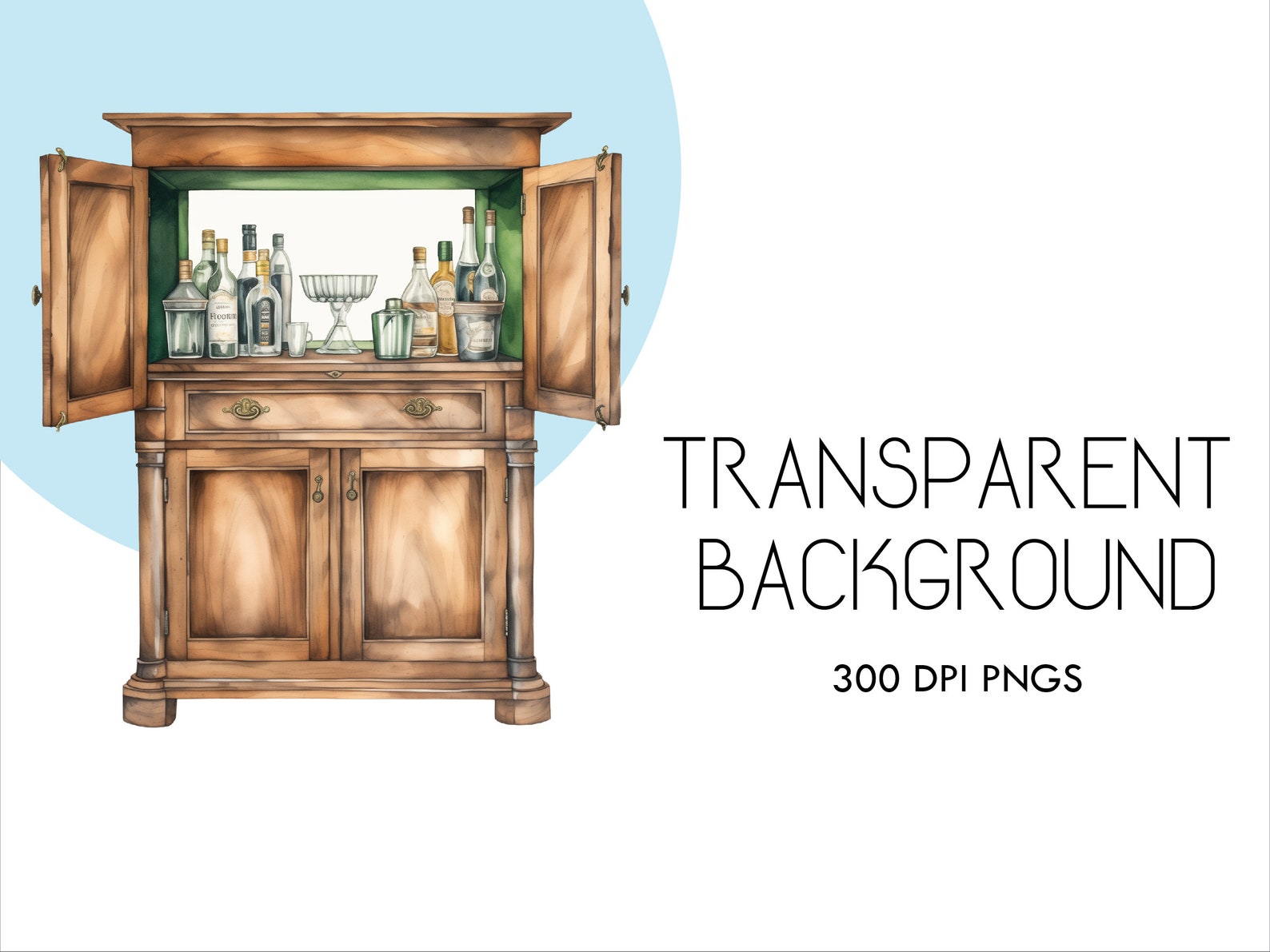Vintage Bar Cabinets Watercolor Clipart, Retro Mini Bar Graphics, Bar ...