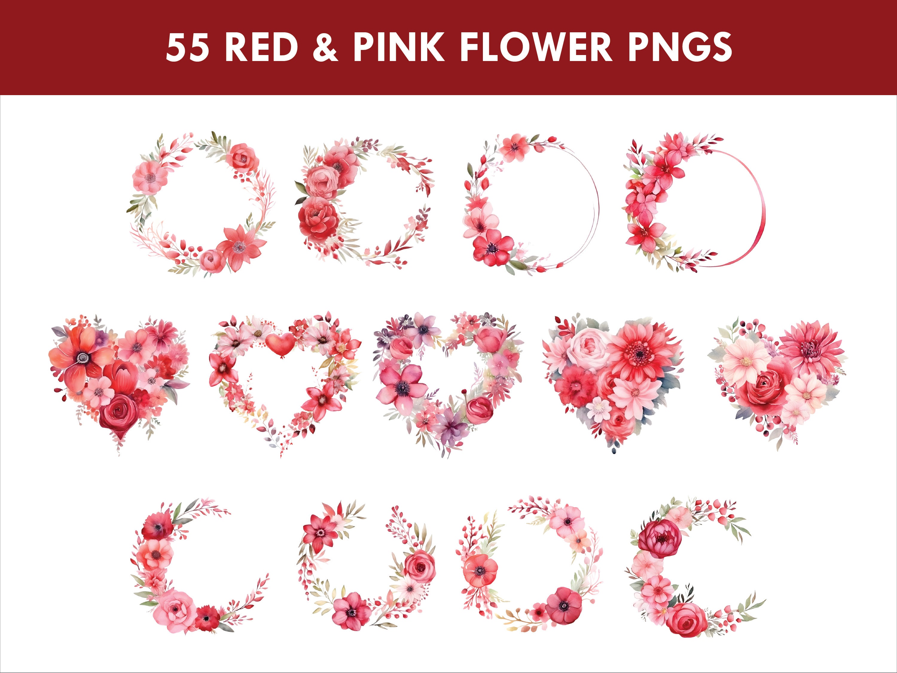 Red & Pink Flowers PNG Watercolor Floral Clipart Bouquets - Etsy