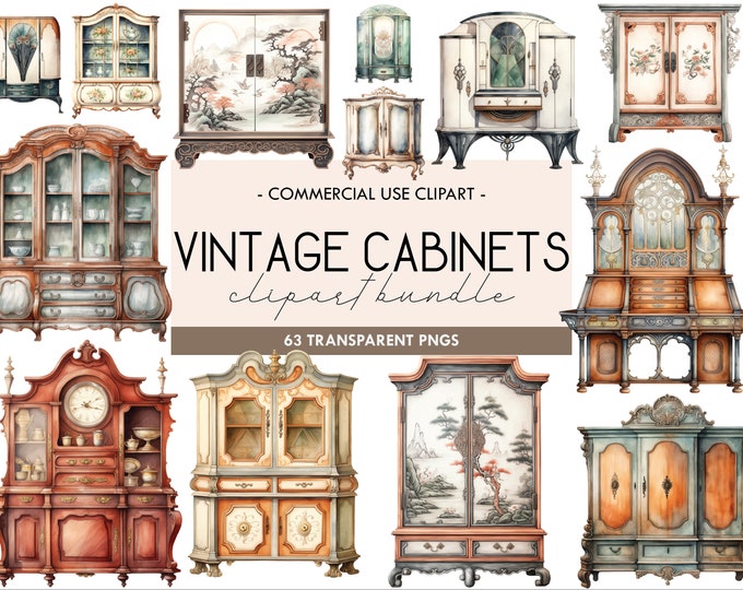 Vintage Cabinets Watercolor Clipart, Antique Furniture Graphics, Retro ...