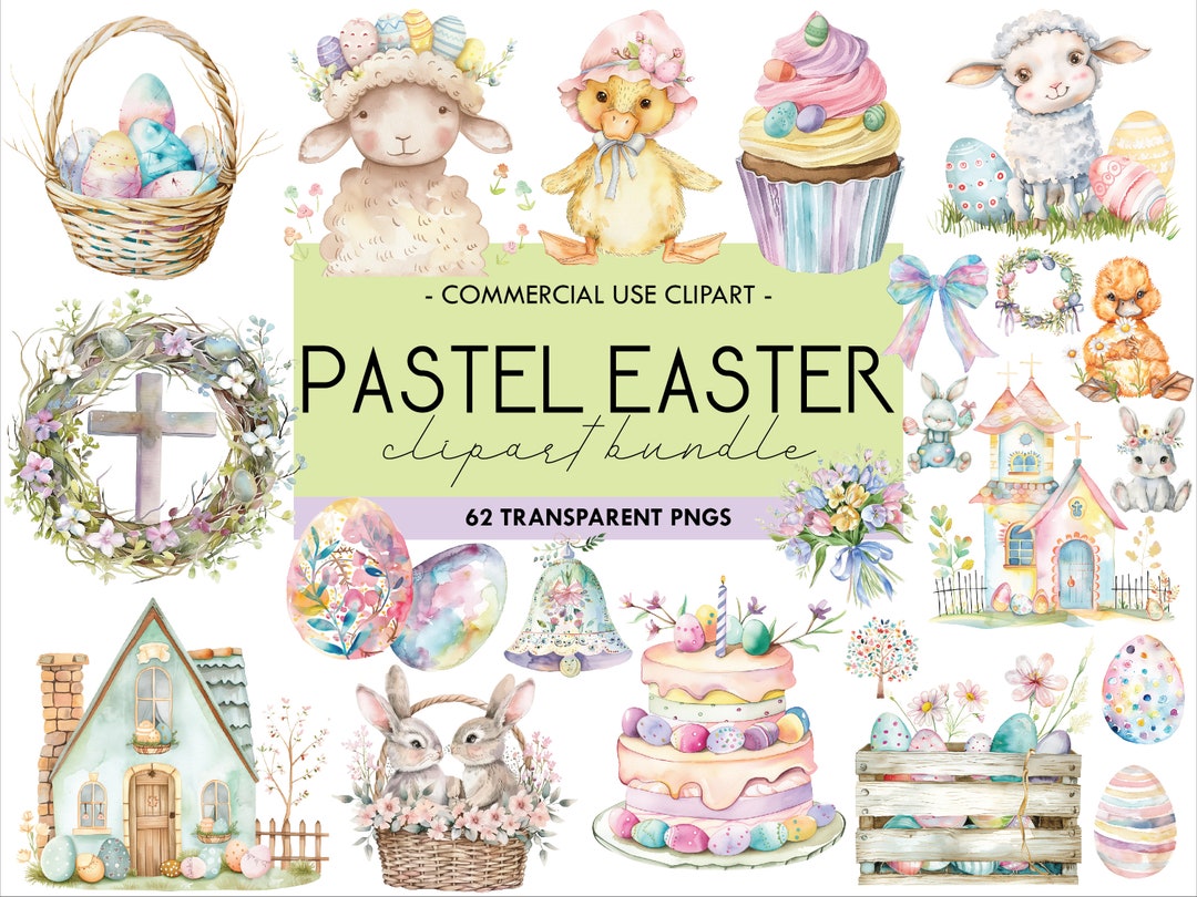 Pastel Easter Watercolor Clipart: Bunny, Eggs, Spring Graphics (PNG) - Etsy