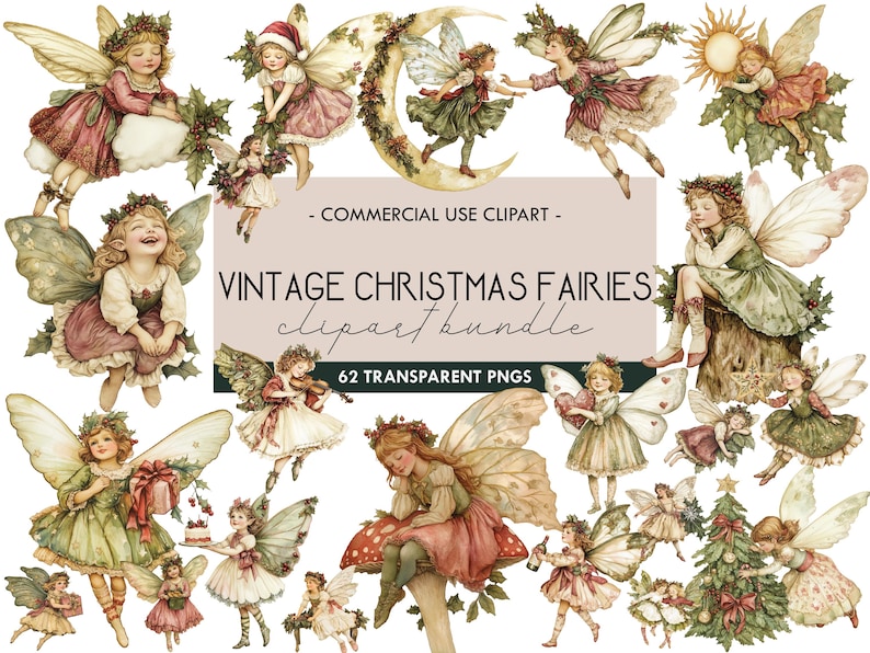 Vintage Christmas Fairies Clipart, Retro Fairy Ephemera Graphics, Fairy ...