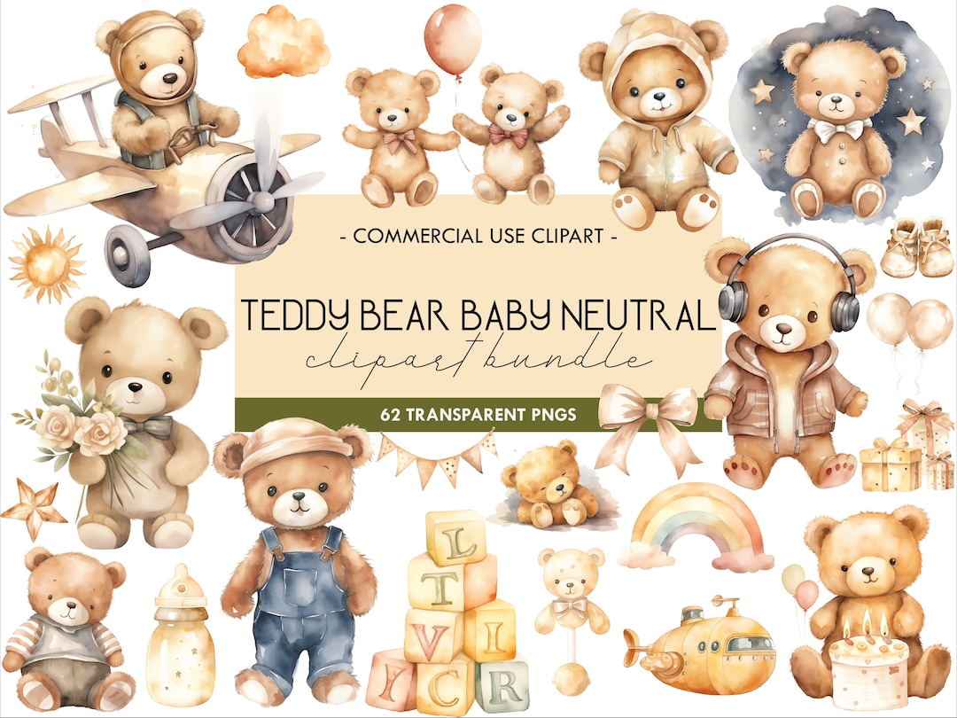 Watercolor Teddy Bear Clipart: Baby Shower PNG (digital Download) - Etsy