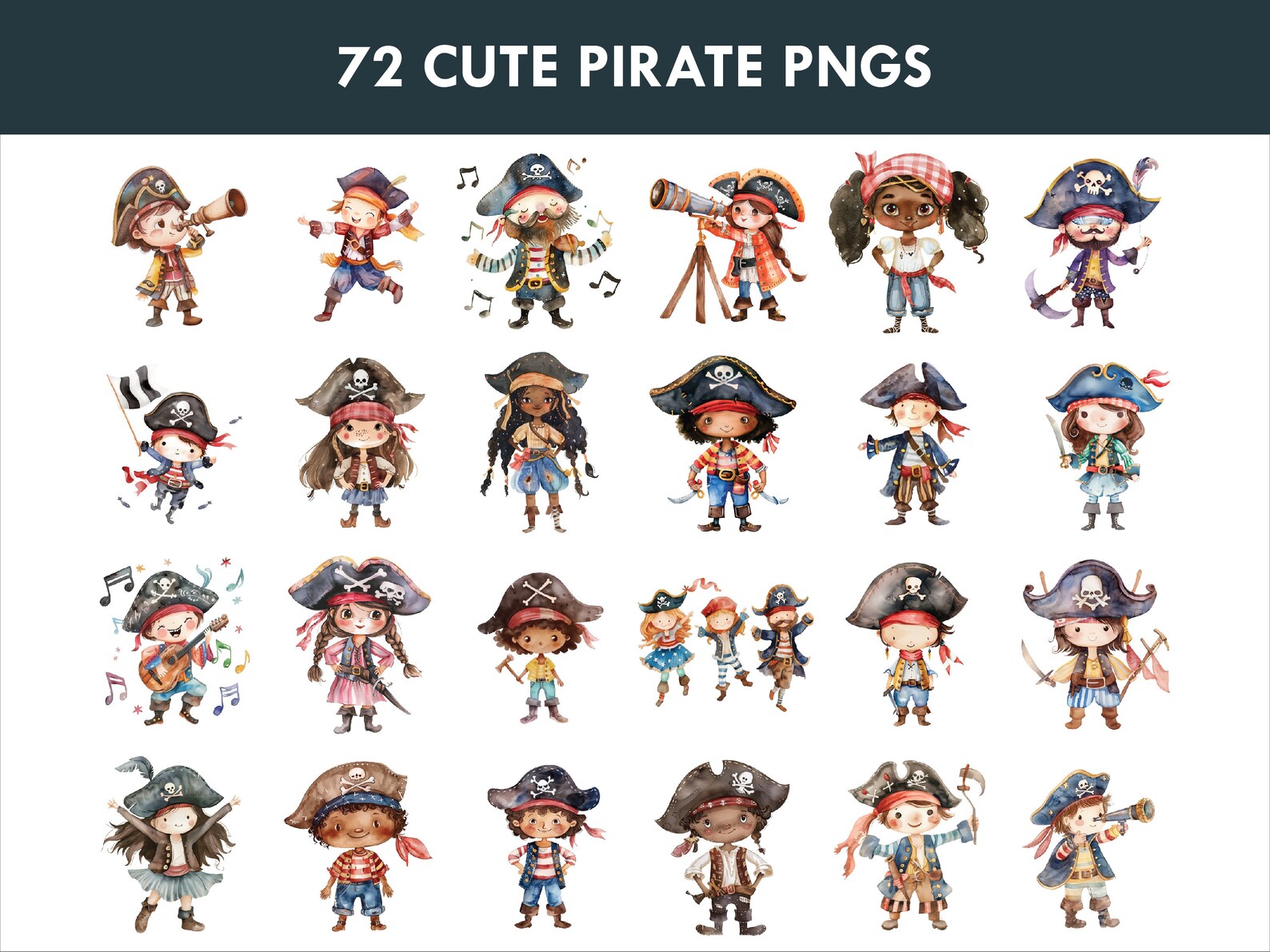 Cute Pirates Watercolor Clipart, Fairytale Adventure Illustration ...