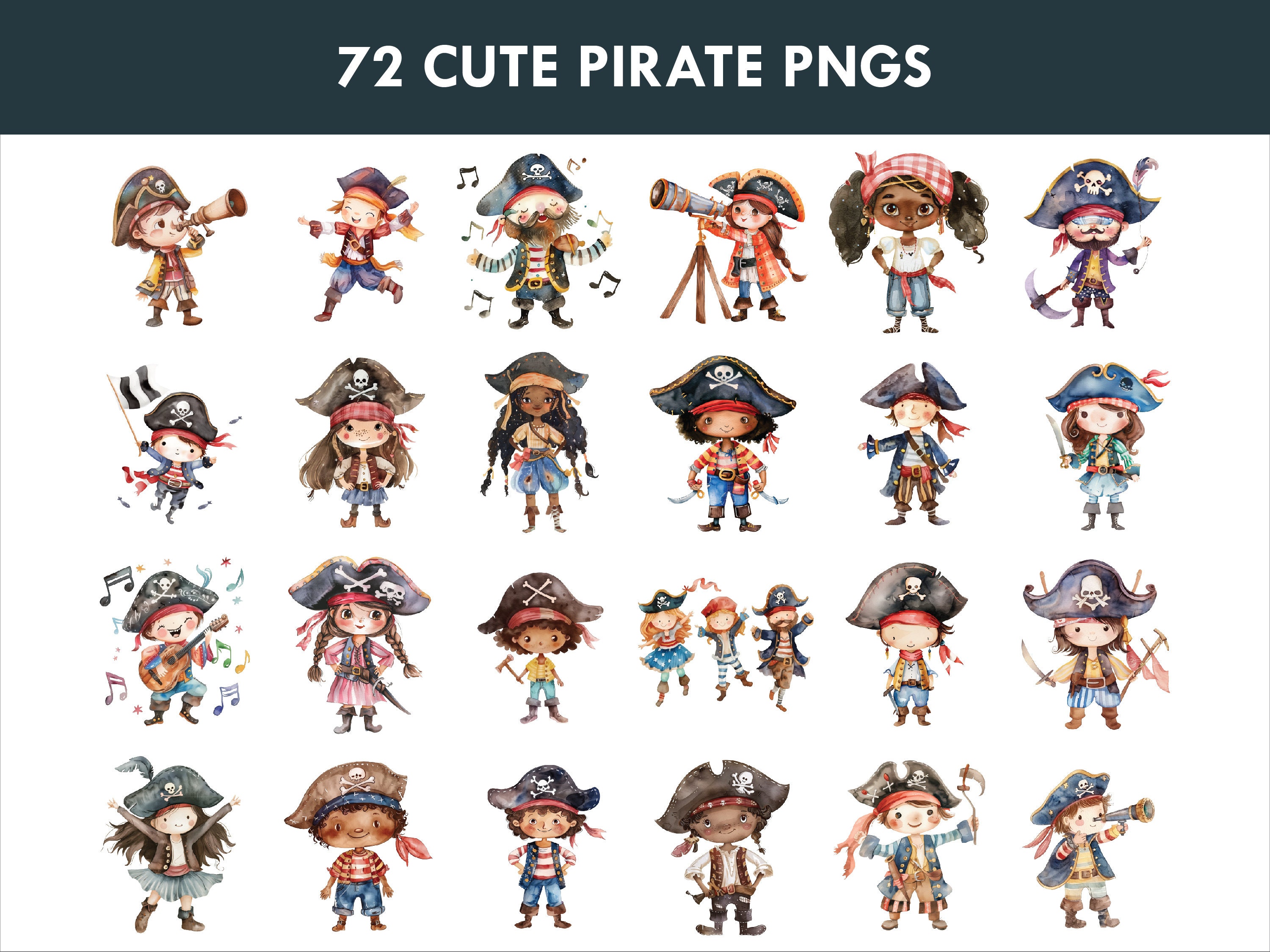Cute Pirates Watercolor Clipart, Nautical Adventure (transparent PNG ...