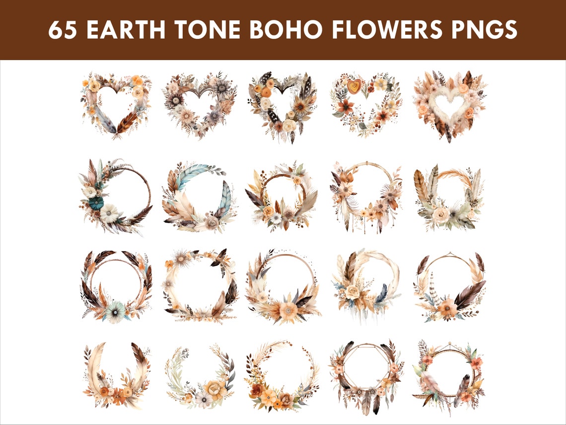 Boho Watercolor Flowers Clipart, Earth Tone Floral Bouquets, Beige ...