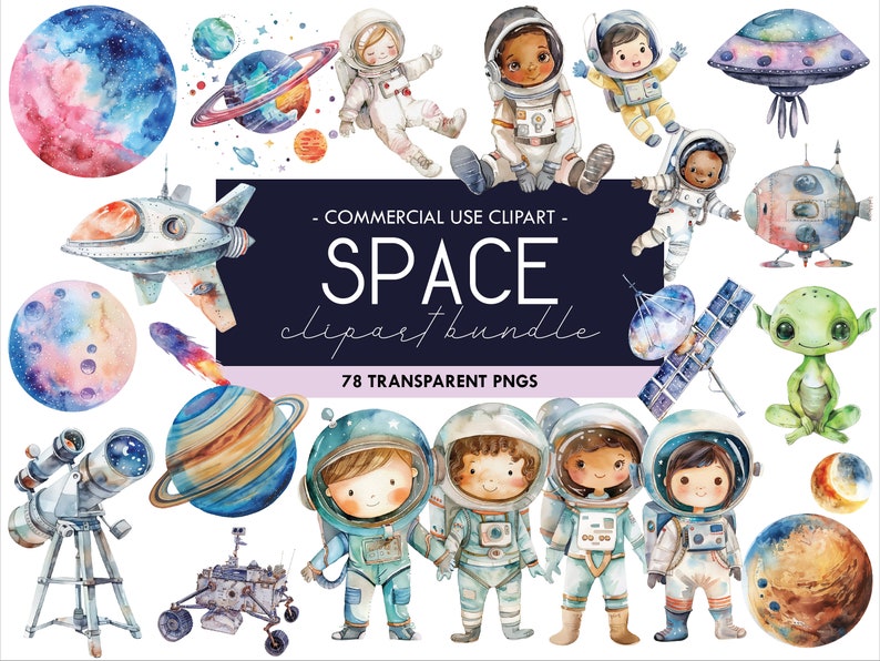 Space Watercolor Clipart, Cute Astronaut Illustration, Rocket ...