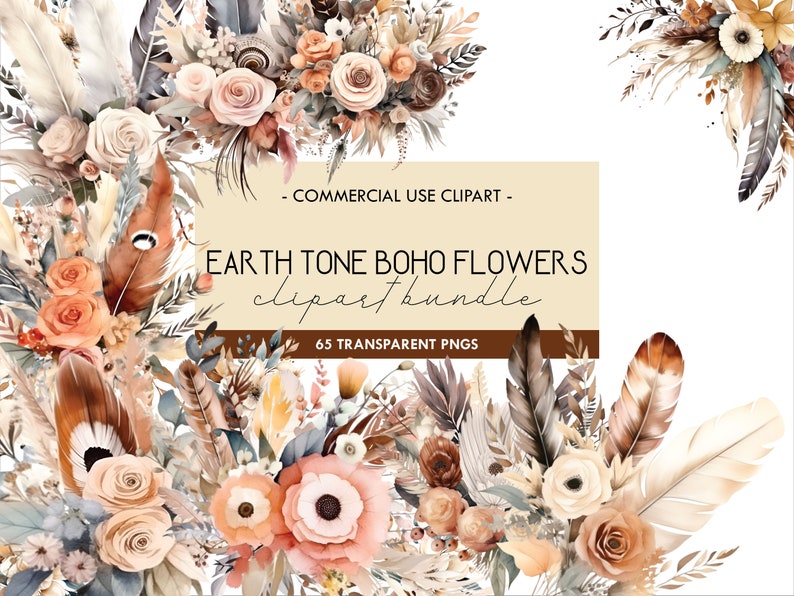 Boho Watercolor Flowers Clipart, Earth Tone Floral Bouquets, Beige ...