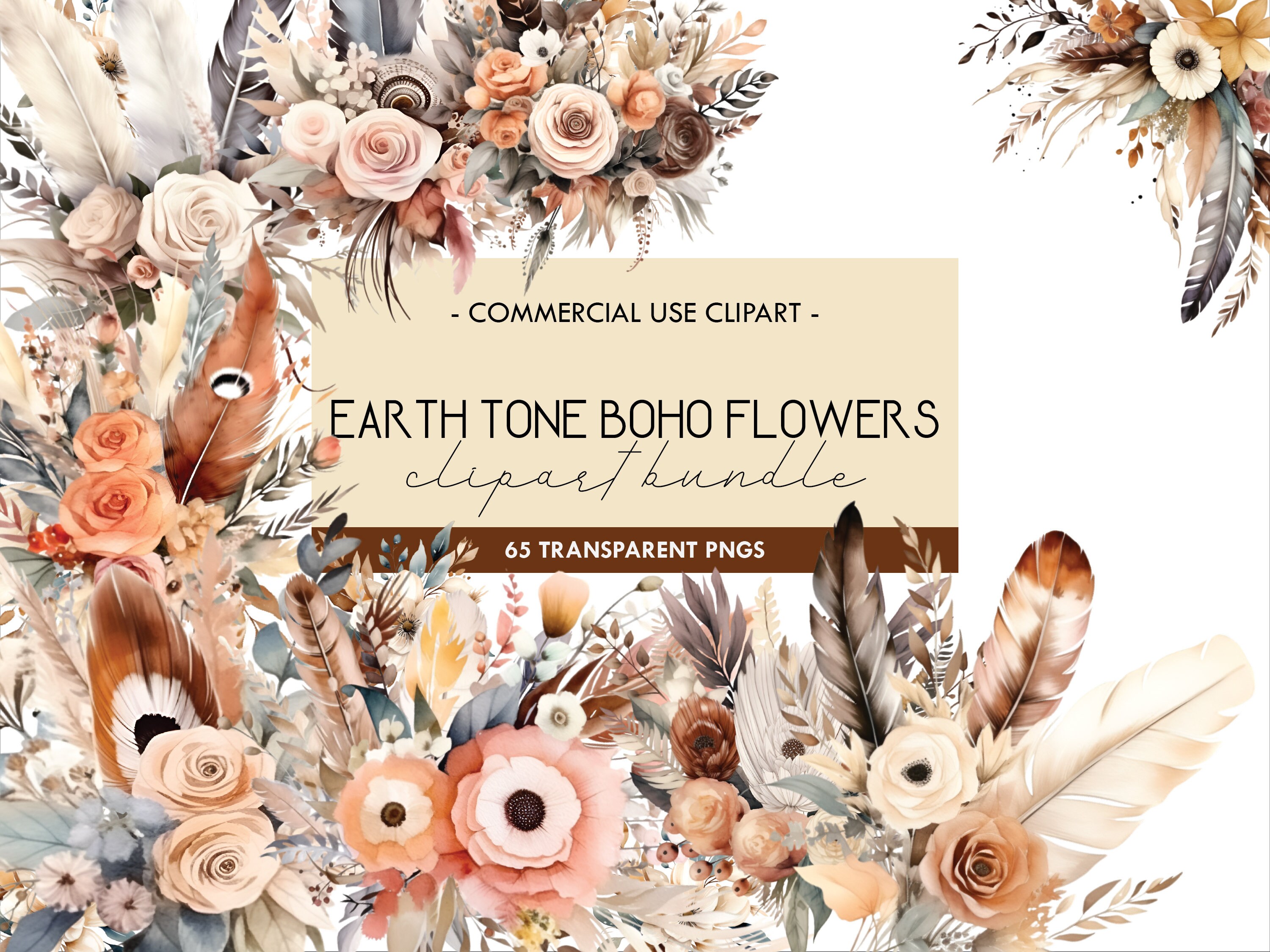 Boho Watercolor Flowers Clipart, Earth Tone Floral Bouquets, Beige ...