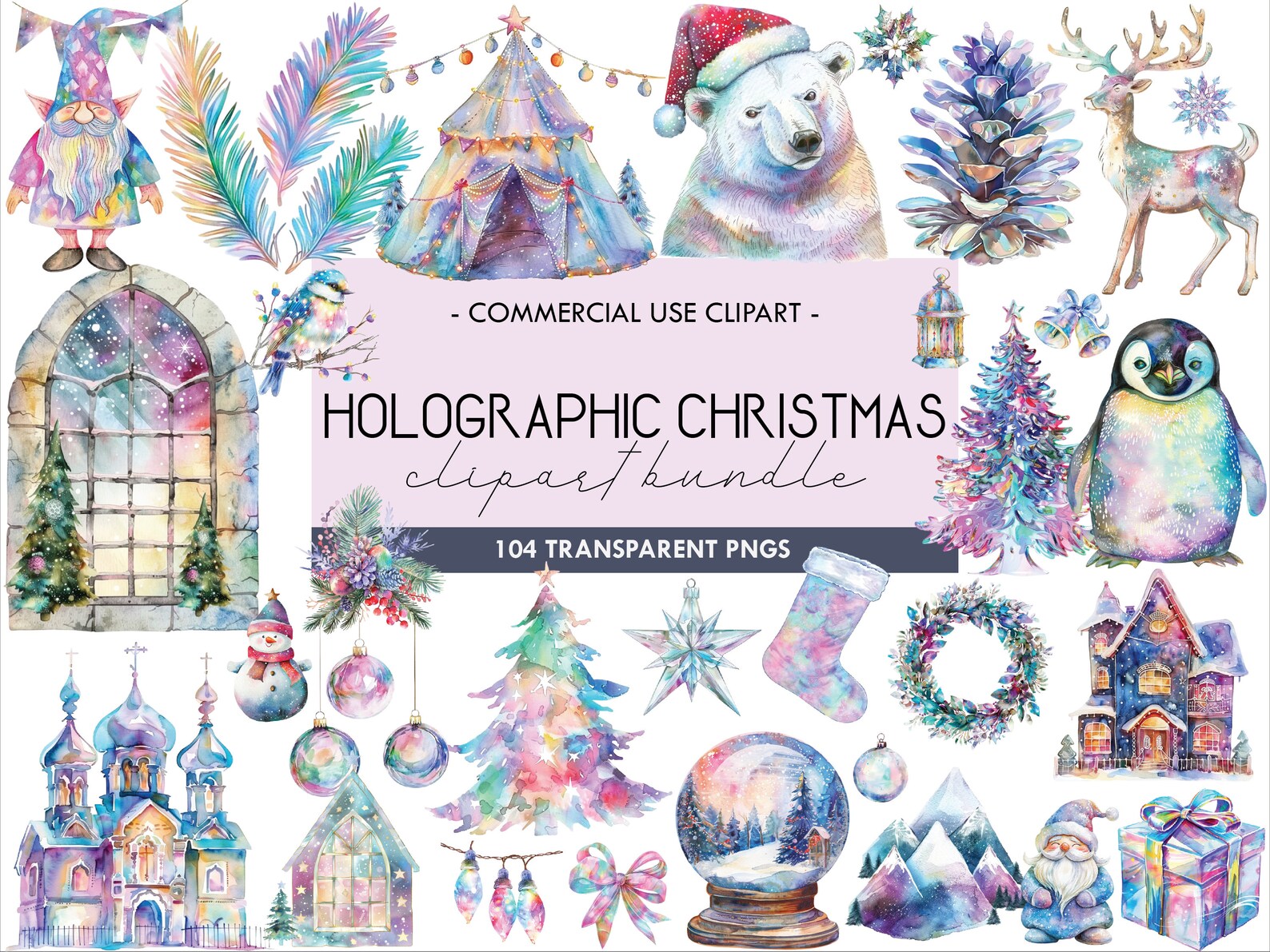 Holographic Christmas Clipart Bundle, Watercolor Christmas Clipart ...