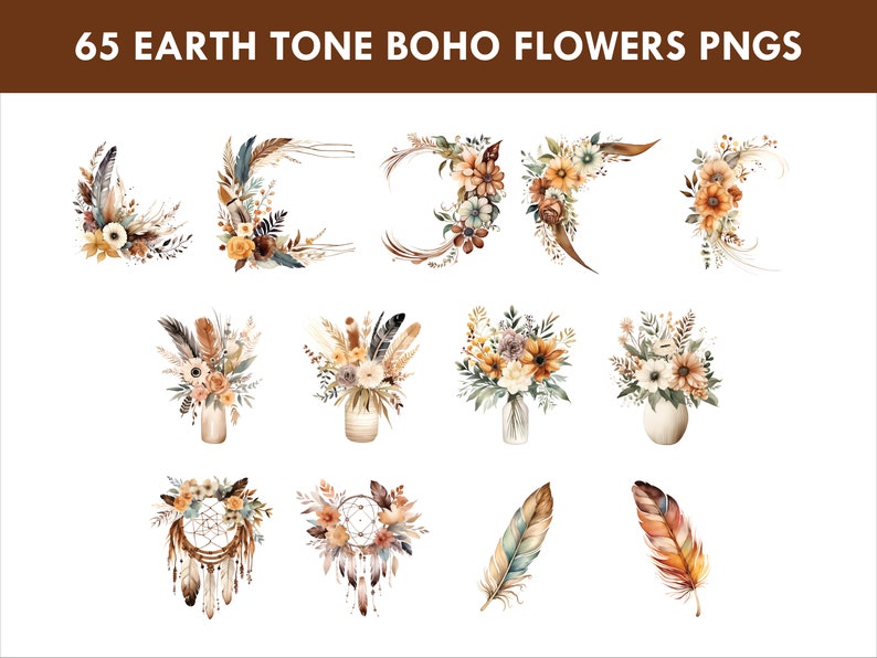 Boho Watercolor Flowers Clipart: Earth Tone Floral PNG (commercial Use ...