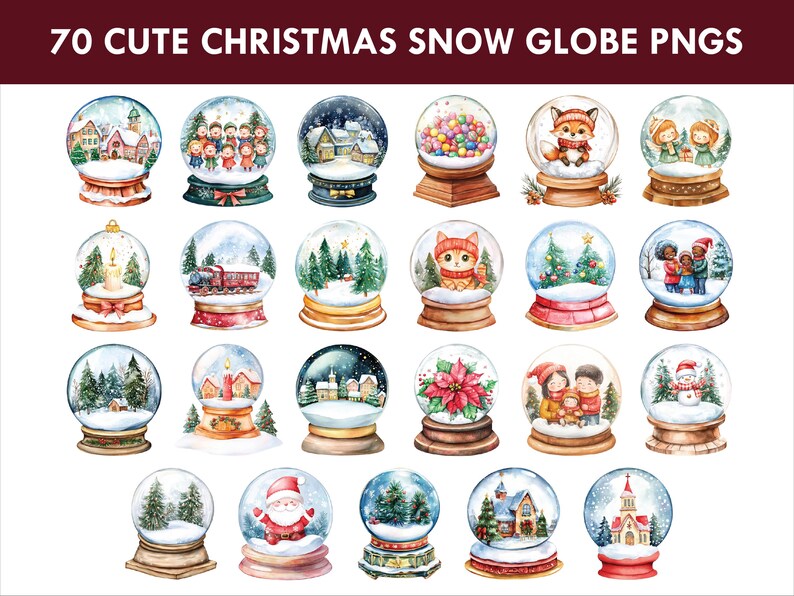 Cute Christmas Snow Globes Watercolor Clipart Bundle, Festive Noel ...