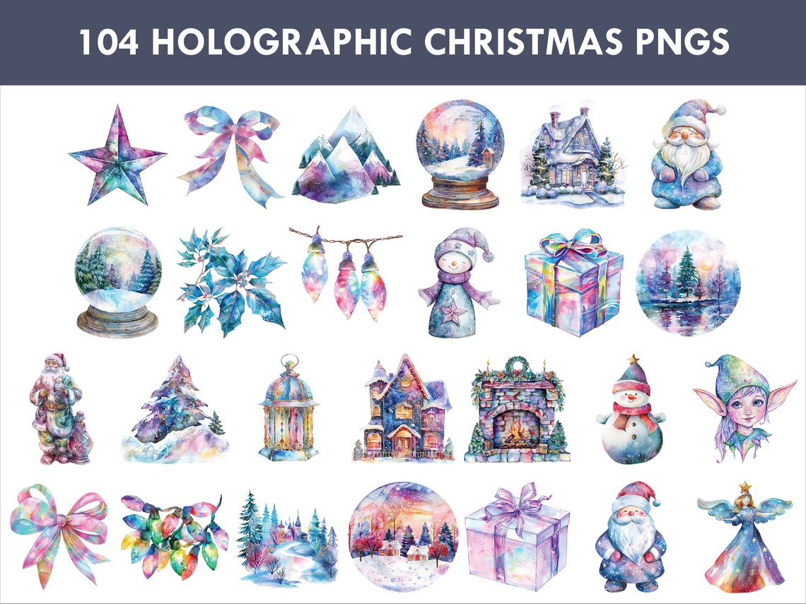Holographic Christmas Clipart Bundle, Watercolor Christmas Clipart ...