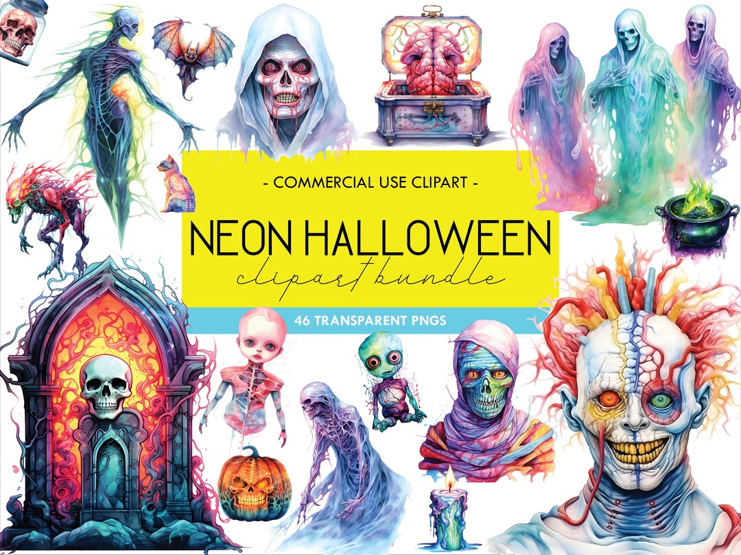 Neon Halloween Watercolor Clipart, Neon Horror, Scary Spooky Neon ...