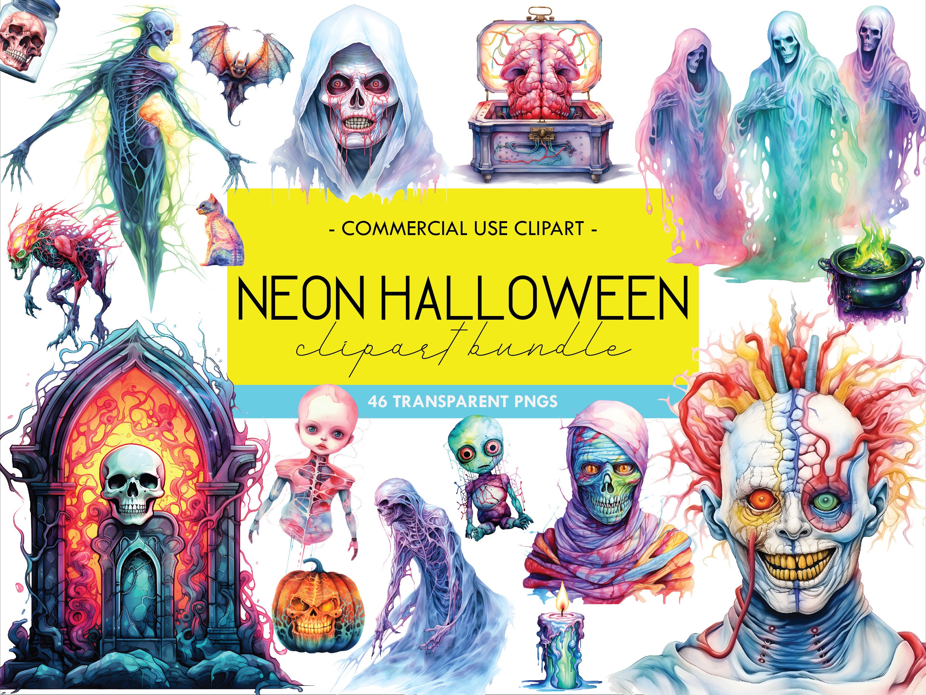Neon Halloween Watercolor Clipart, Neon Horror, Scary Spooky Neon ...