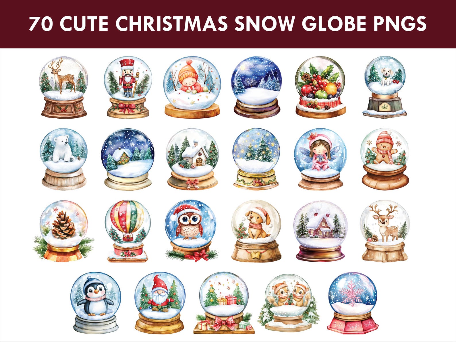 Cute Christmas Snow Globes Watercolor Clipart Bundle, Festive Noel ...