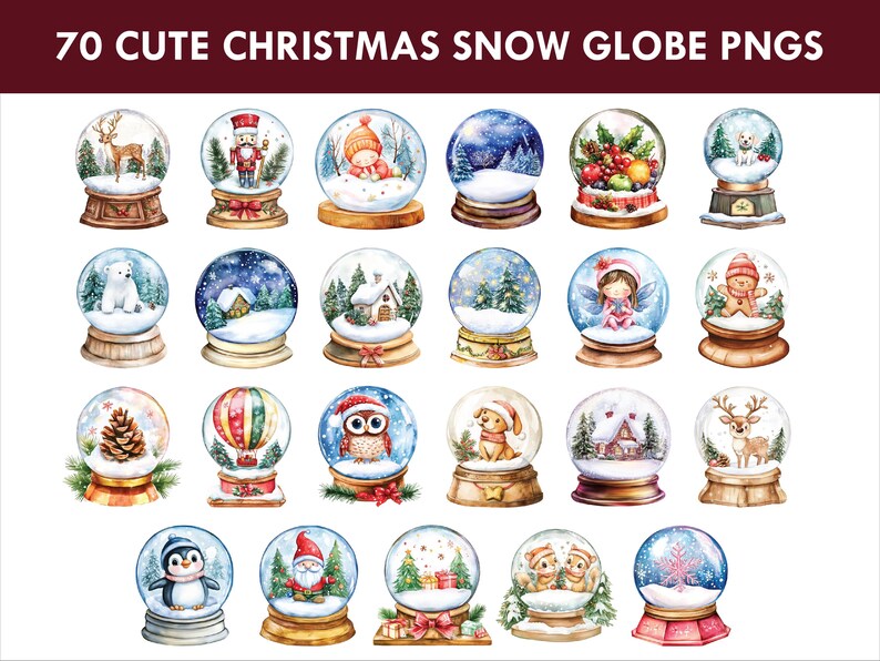 Cute Christmas Snow Globes Watercolor Clipart Bundle, Festive Noel ...
