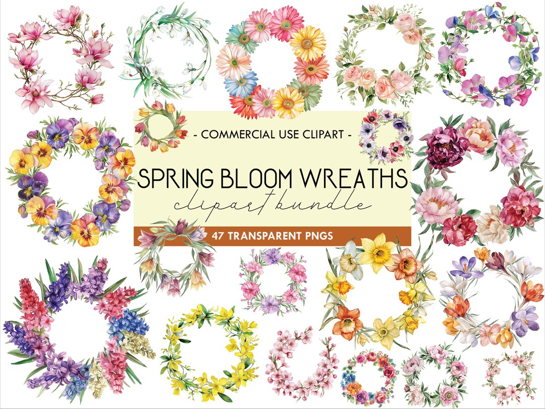Watercolor Spring Flower Wreath Clipart: Floral PNG Bundle (300 DPI) - Etsy