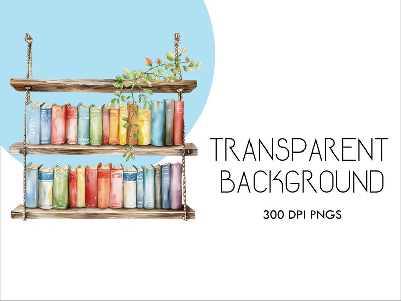 Watercolor Bookshelf Clipart: Vintage & Modern PNG (digital Download ...