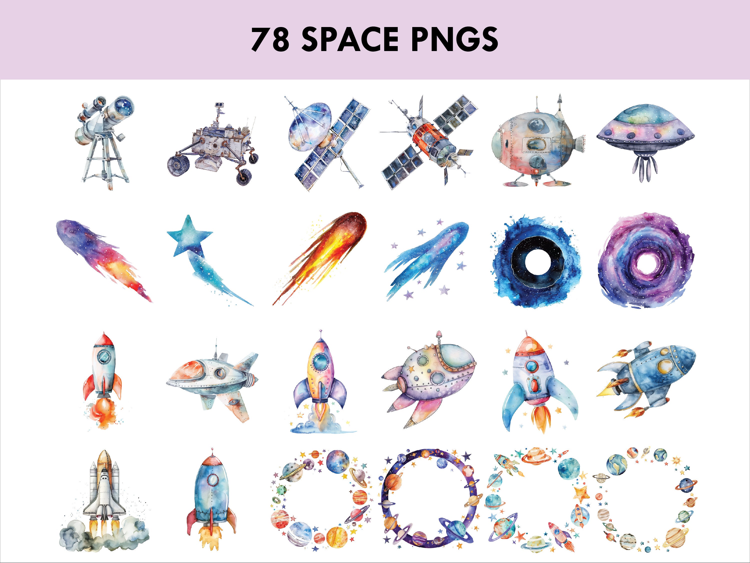 Space Watercolor Clipart, Cute Astronaut Illustration, Rocket ...