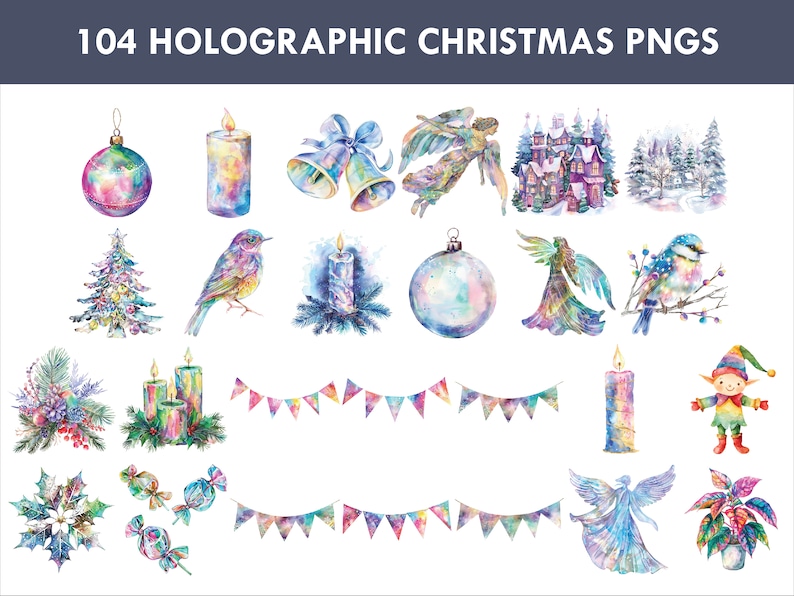 Holographic Christmas Clipart Bundle, Watercolor Christmas Clipart ...