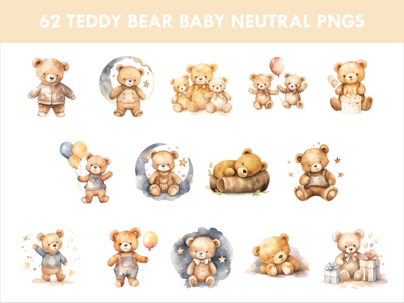 Watercolor Teddy Bear Clipart: Baby Shower PNG (digital Download) - Etsy