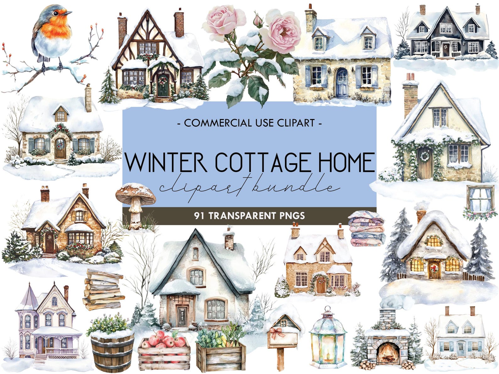 Winter Cottage Home Watercolor Clipart, Holiday Season Art, Winter ...