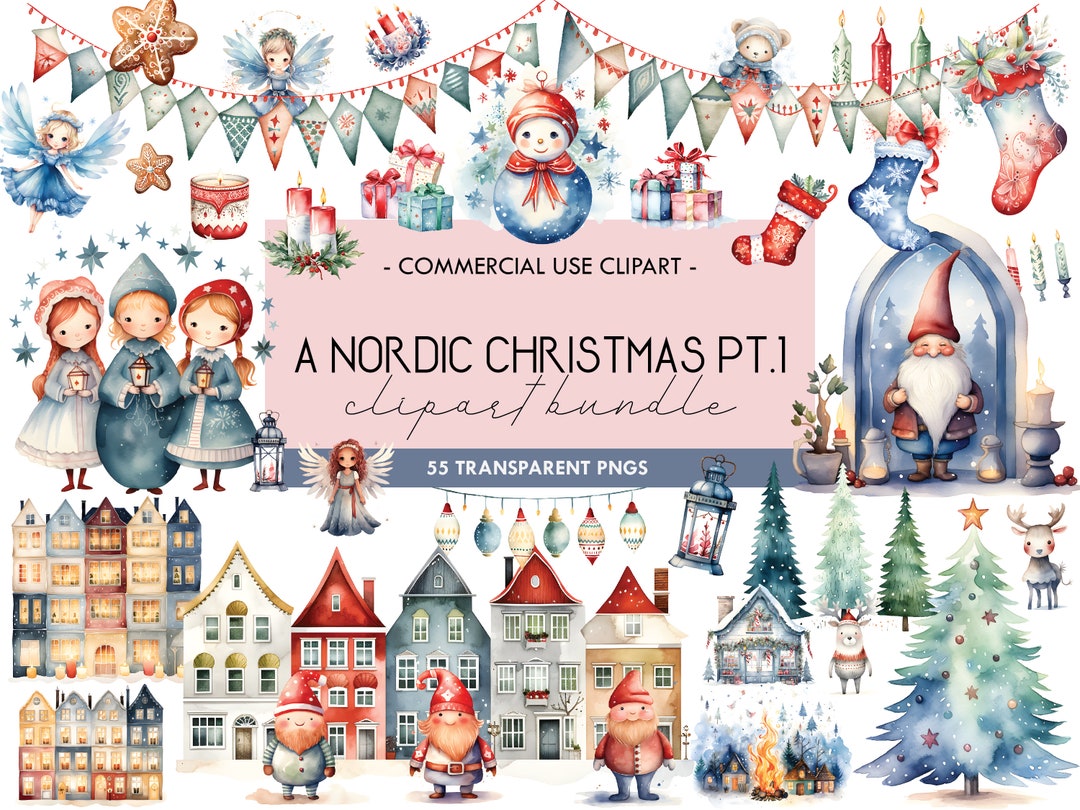 Nordic Christmas Clipart Bundle, Watercolor Christmas Clipart, Winter ...