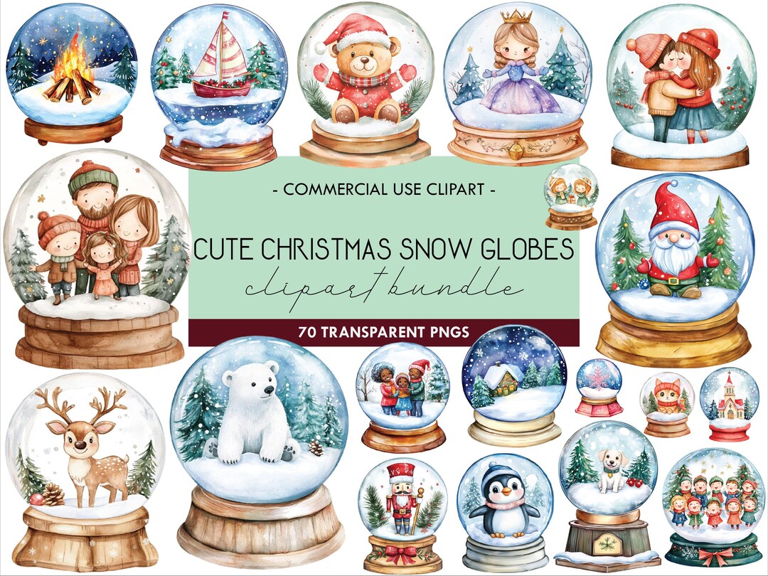 Cute Christmas Snow Globes Watercolor Clipart Bundle, Festive Noel ...