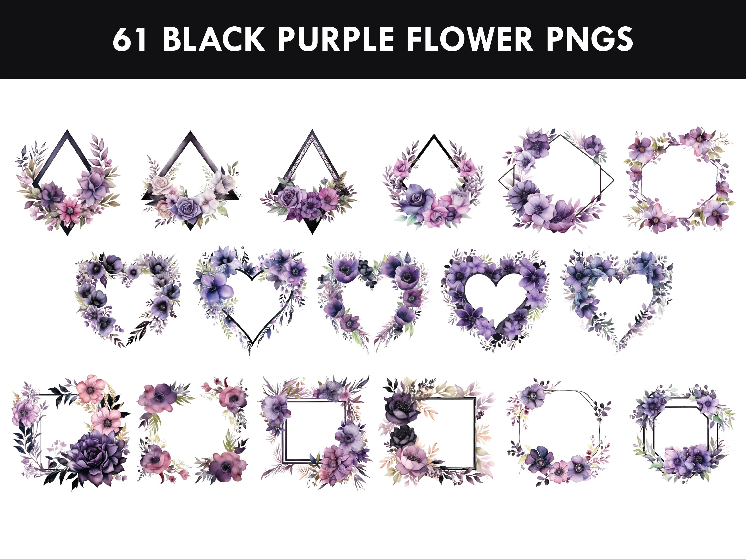 Black & Purple Flowers Watercolor Clipart, Violet Lavender Lilac Floral ...