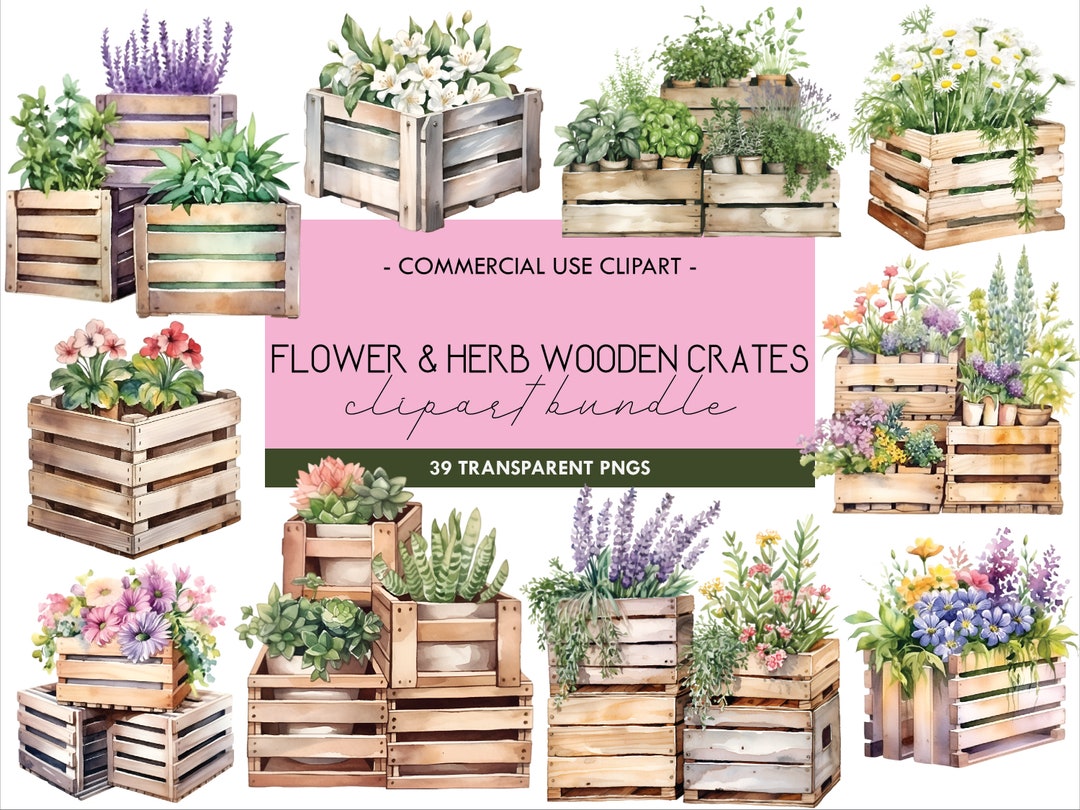 Flower & Herb Wooden Crates Watercolor Clipart, Plant Boxes, Wedding ...
