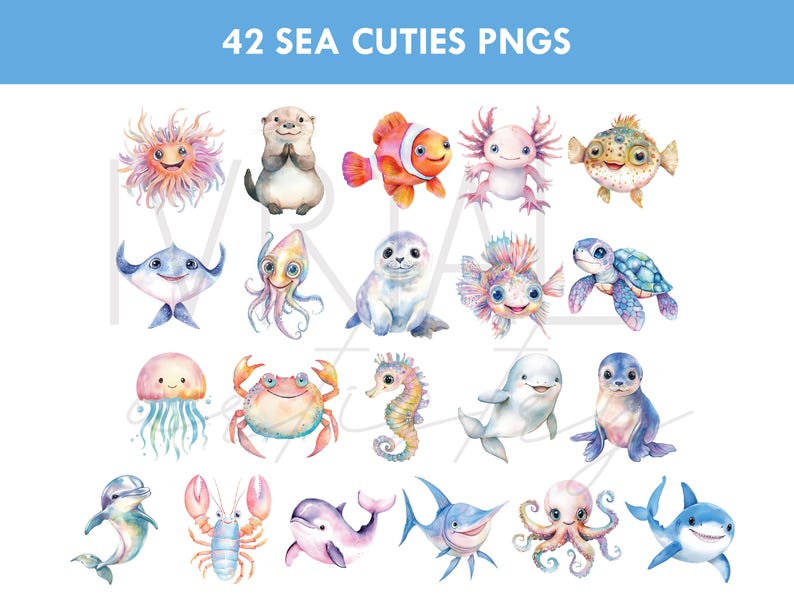 Watercolor Ocean Animals Clipart, Sea Cuties PNG Graphics (digital ...
