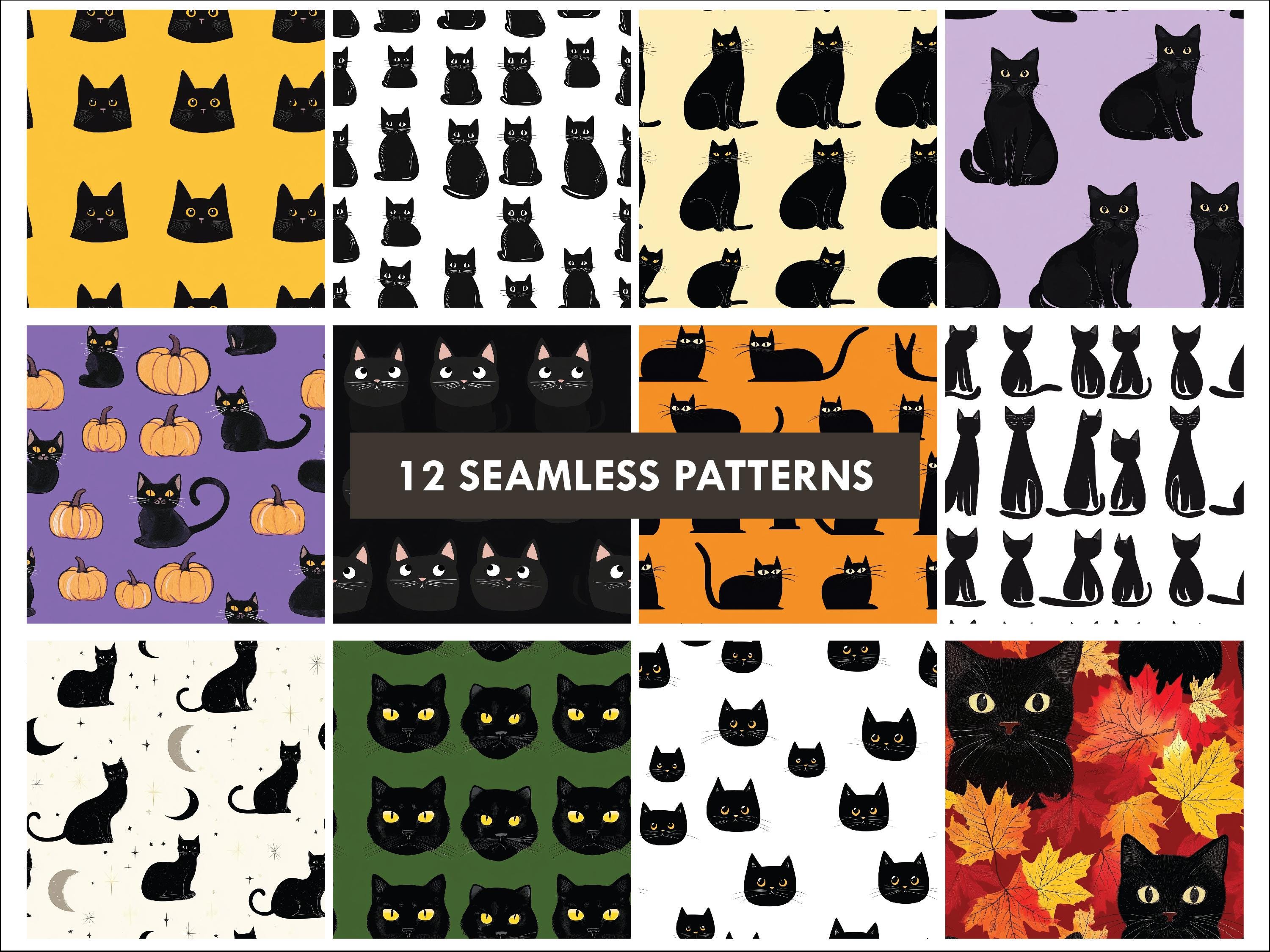 Black Cat Pattern, Seamless Patterns, Cute Kitty Digital Paper ...
