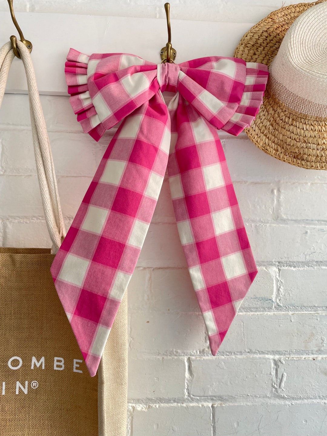 Extra Large Fabric Bow. Pink Gingham Fabric Door Bow With Ties and ...