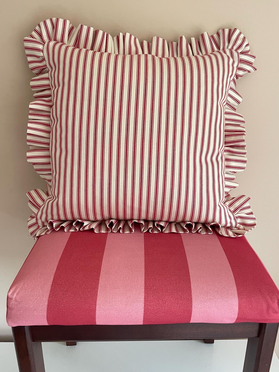Red Ticking Striped Frilled Ruffle Cushion Cover With Feather Inner ...
