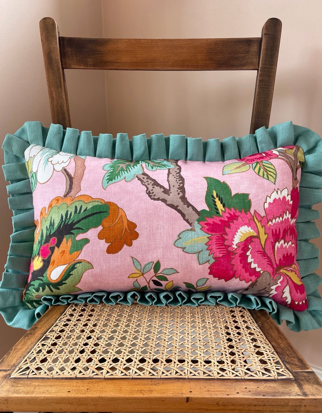 Sanderson Fusang Tree Peach Blossom Floral Frilled Designer Cushion ...