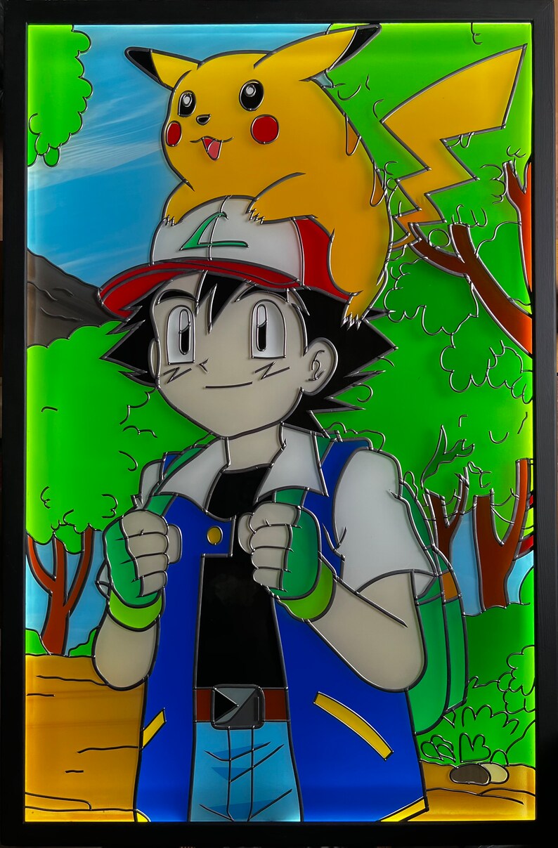 Pokemon Ash and Pikachu Stained Glass Light up Art - Etsy