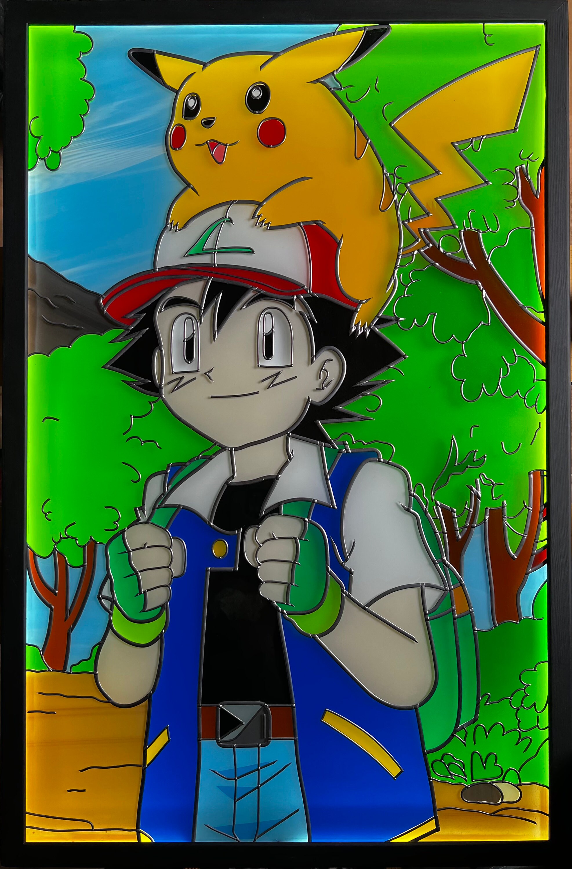 Pokemon Ash and Pikachu Stained Glass Light up Art - Etsy