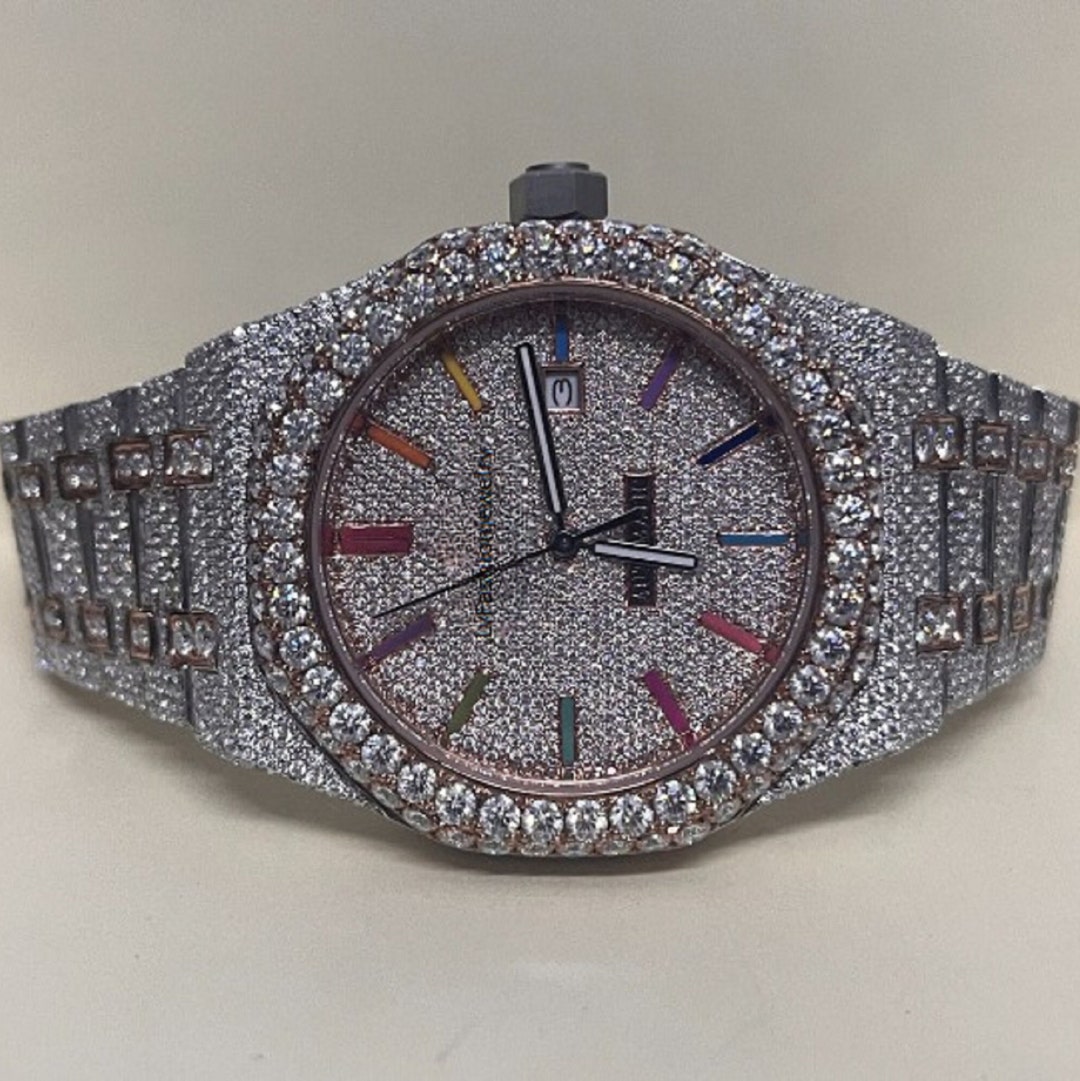Two Tone Rainbow Dial Moissanite Diamond Watch Unique, Full Bust Down ...